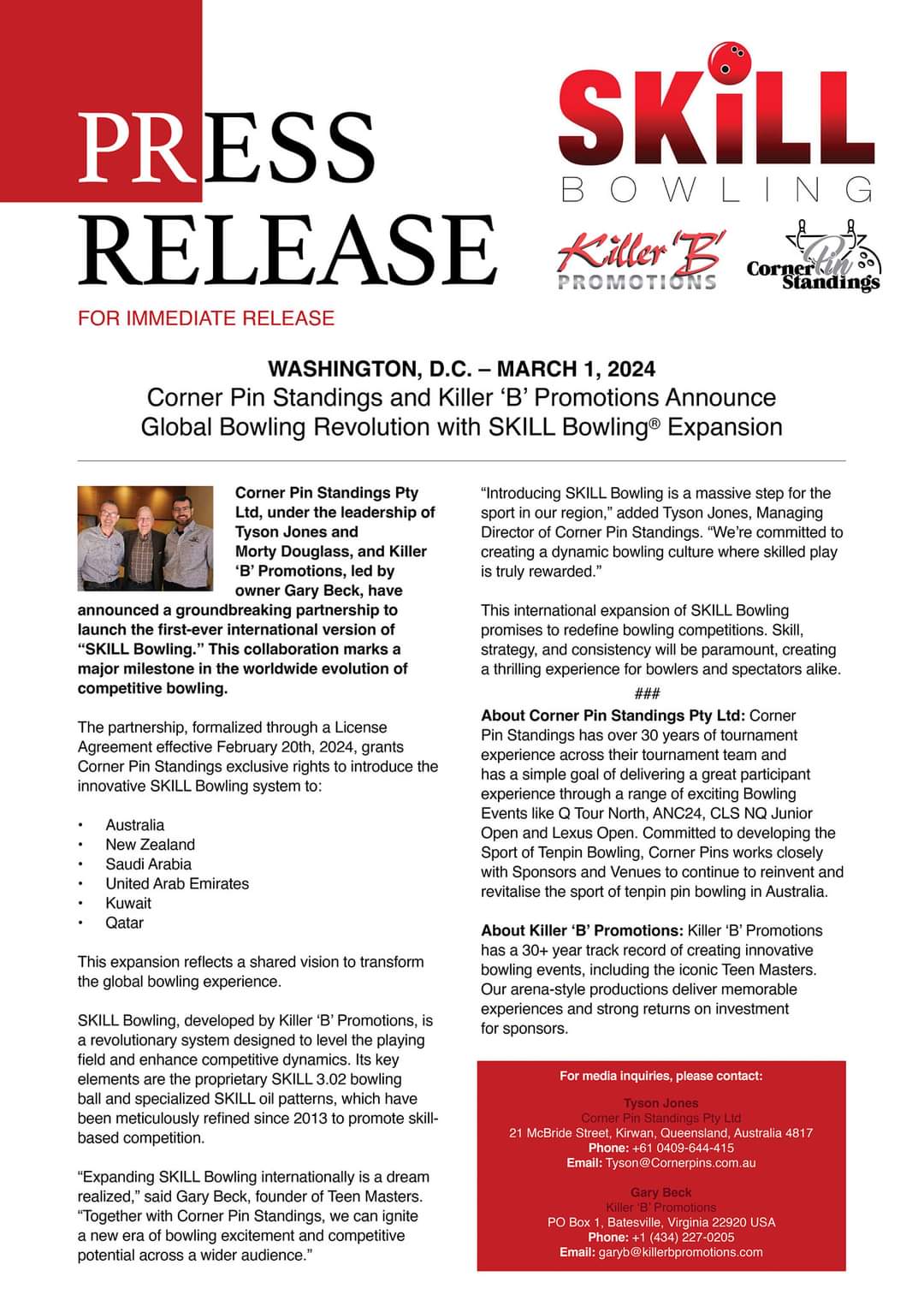 Skill Bowling - Corner Pin Standings